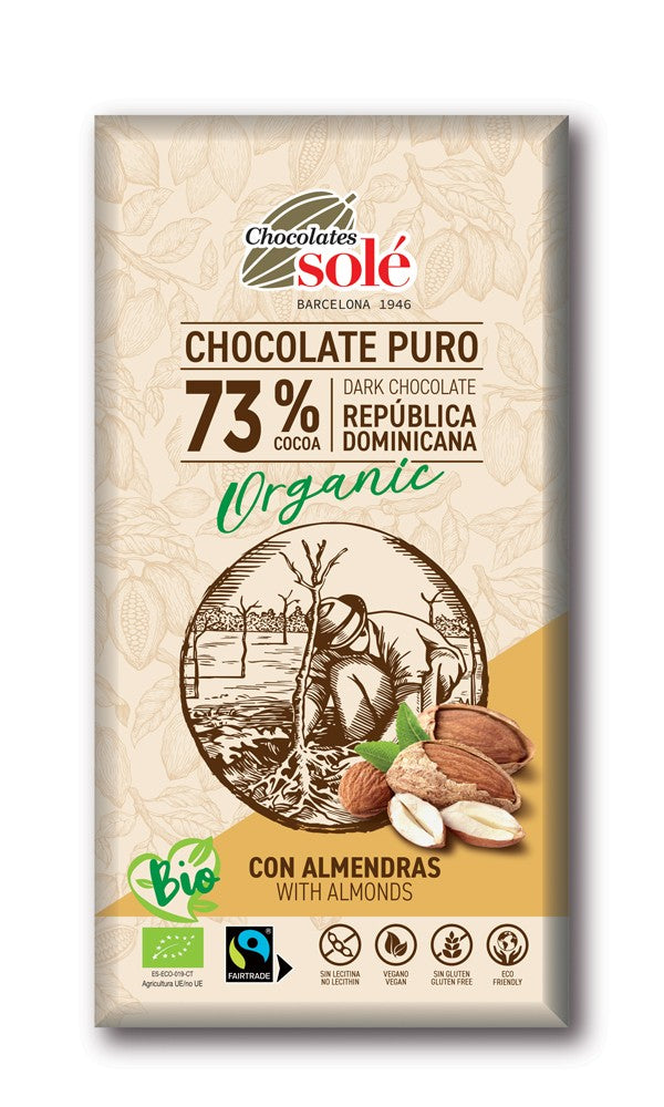 Ciocolata neagra bio 73% cacao, cu migdale, 150g Chocolates Sole ...